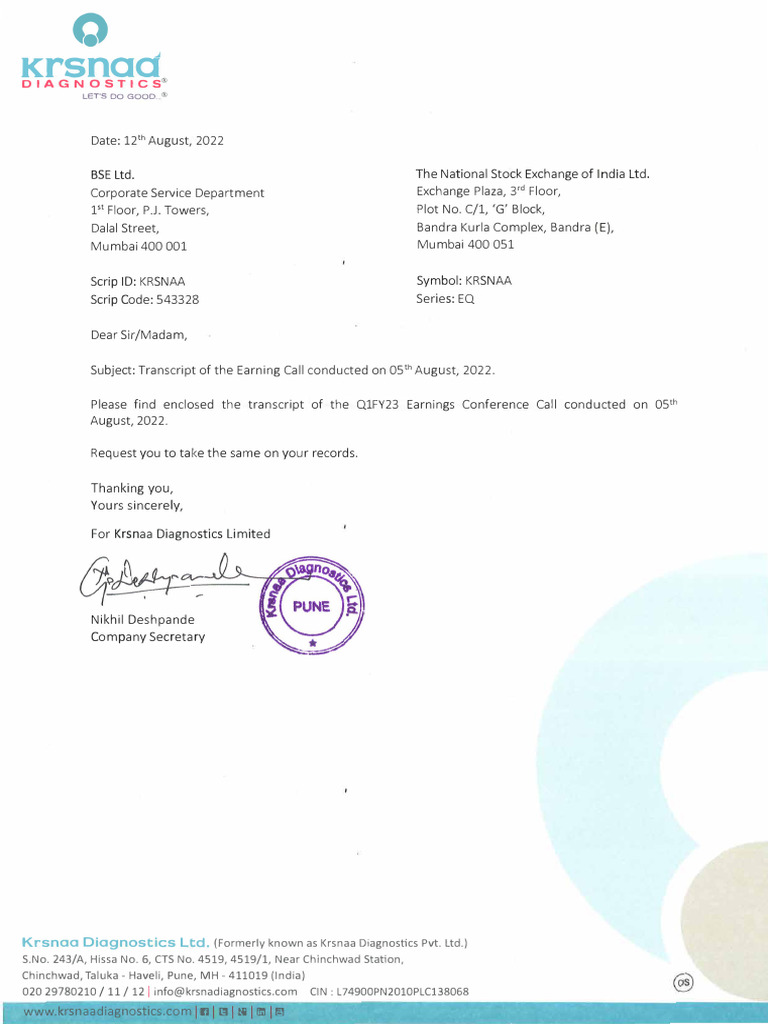 Krsnaa Fy23 q1 Transcript | PDF | Radiology