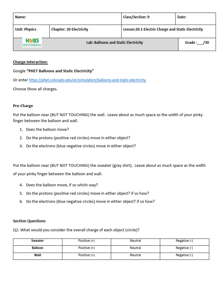 Balloons and Static Electricity Lab Guide | PDF | Electron | Electricity