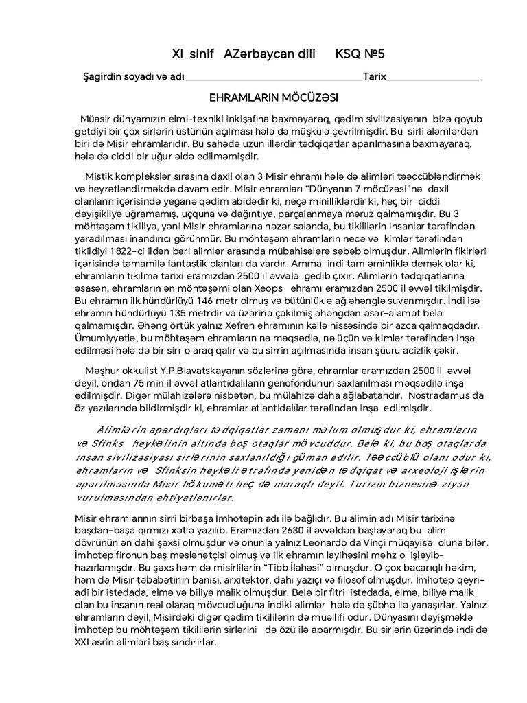 XI Sinif Az - Dili Ksq-5 Ehramların | PDF