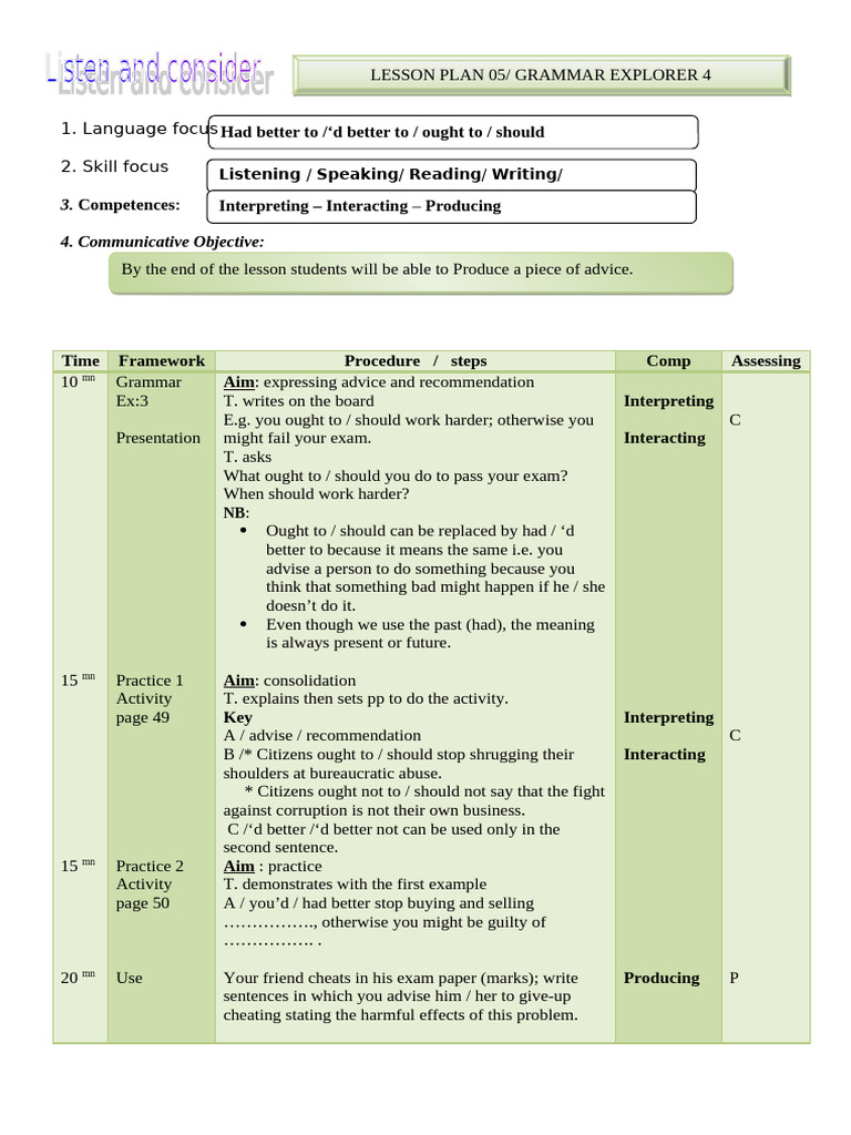 Language Lesson Plan: Advice & Recommendations | PDF | Human ...