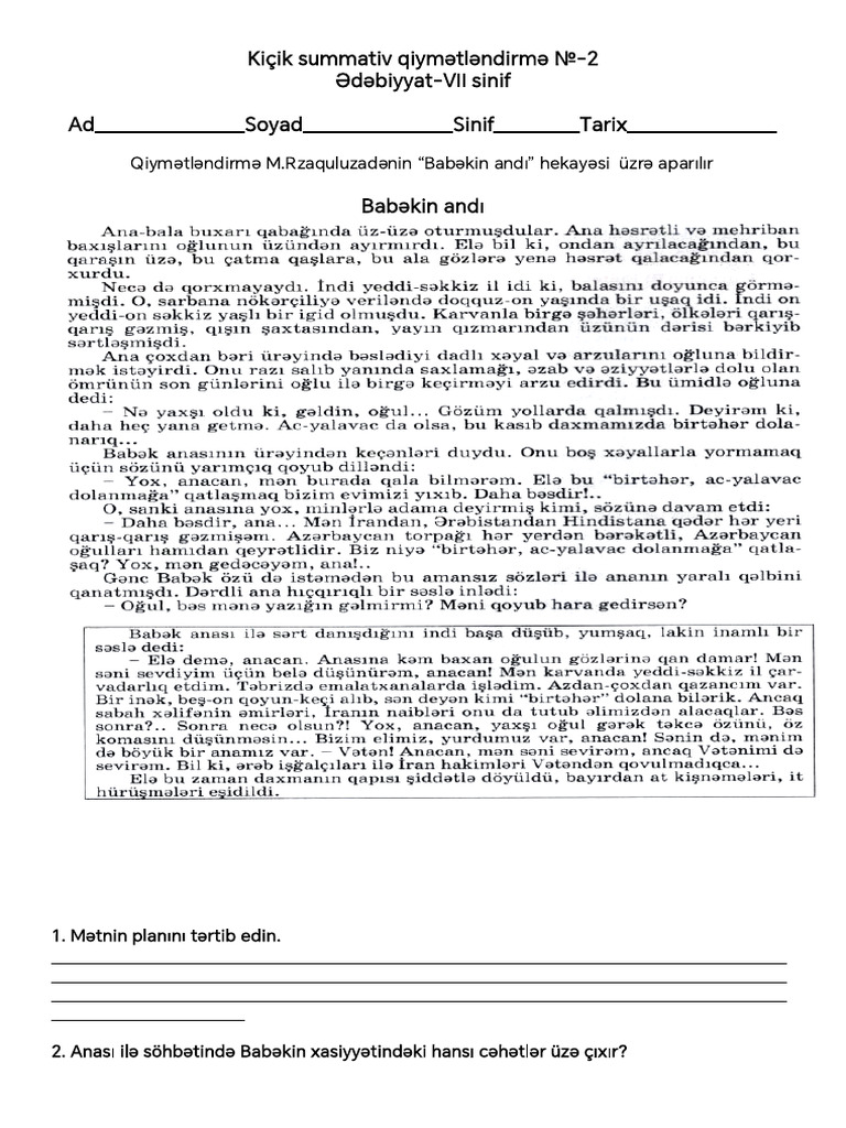 KSQ 2 Ədəbiyyat VII Sinif Bayraməli İmanov Miyankü Məktəbi1 | PDF