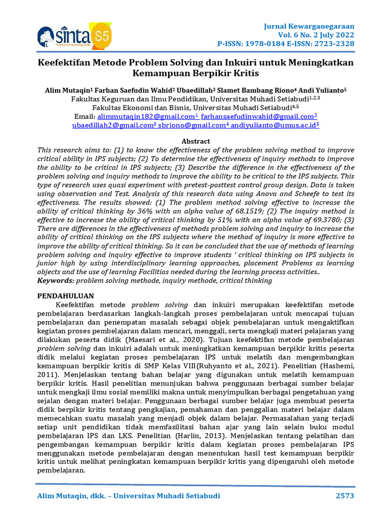 Keefektifan Metode Problem Solving Dan Inkuiri Untuk Meningkatkan Kemampuan Berpikir Kritis | PDF