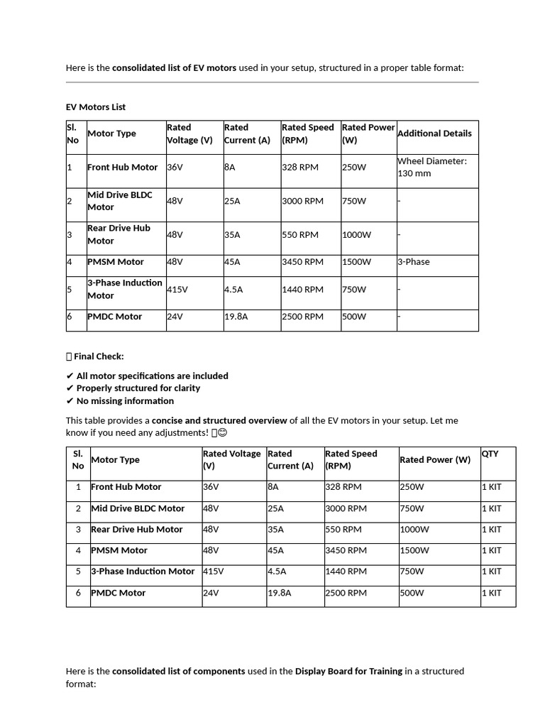 Here Is The Consolidated List of EV Motors Used in Your Setup | PDF | Throttle | Electric Power
