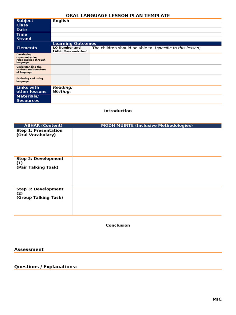 Oral Language Lesson Plan Template | PDF