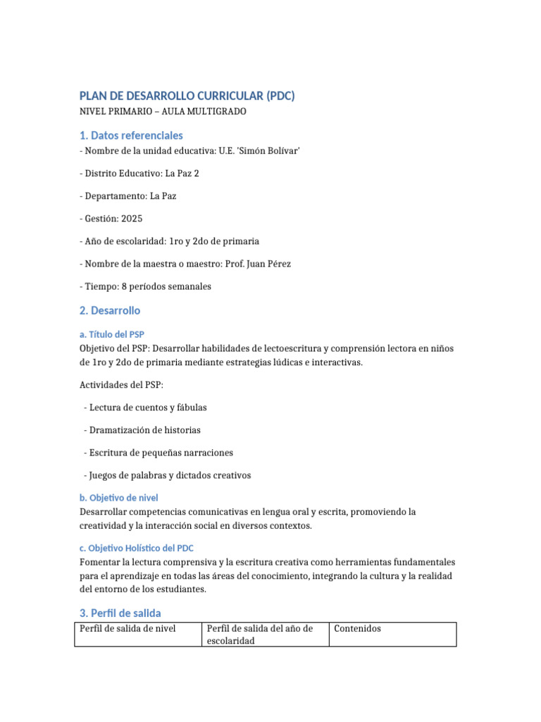 Plan Desarrollo Curricular Bolivia | PDF | Educación primaria | Comprensión lectora