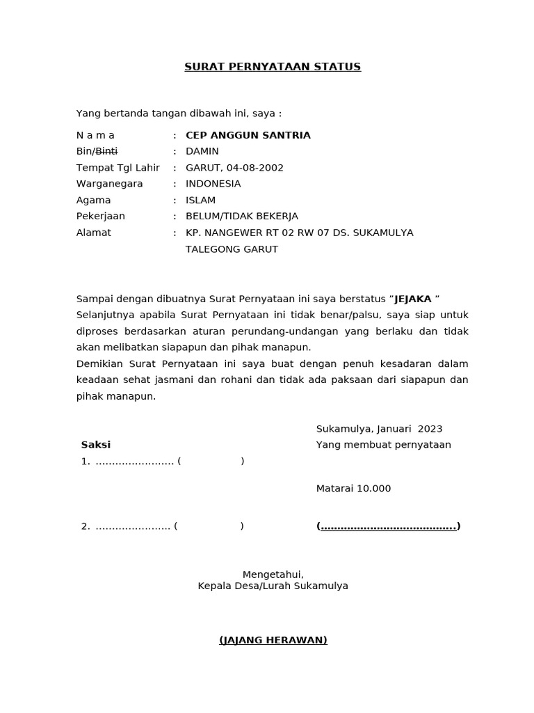 Surat Pernyataan Status 2022 | PDF