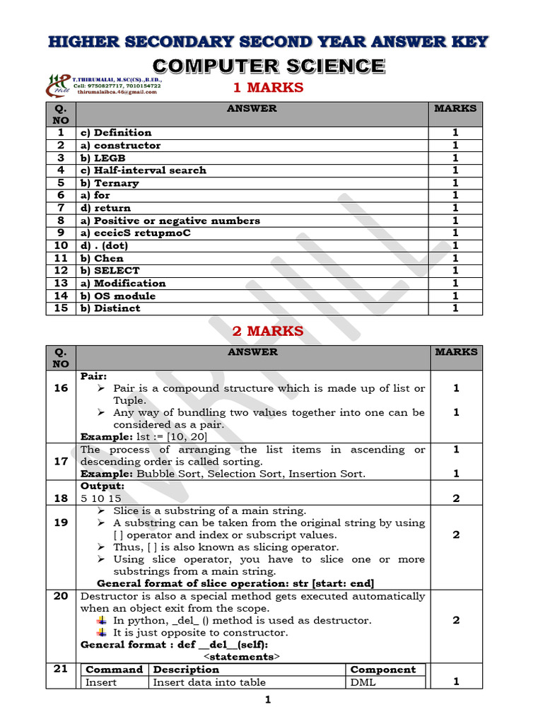 Higher Secondary Second Year Cs Answer Key | PDF | Relational Model | Parameter (Computer ...