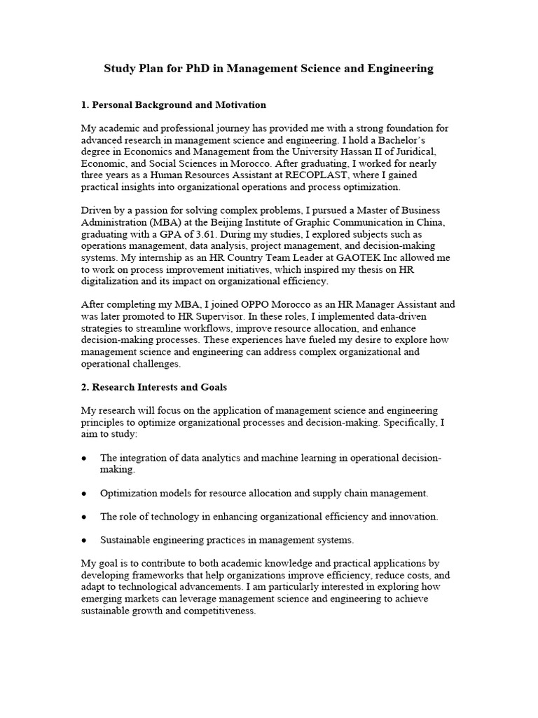 PhD Study Plan in Management Science | PDF | Mentorship | Sustainability