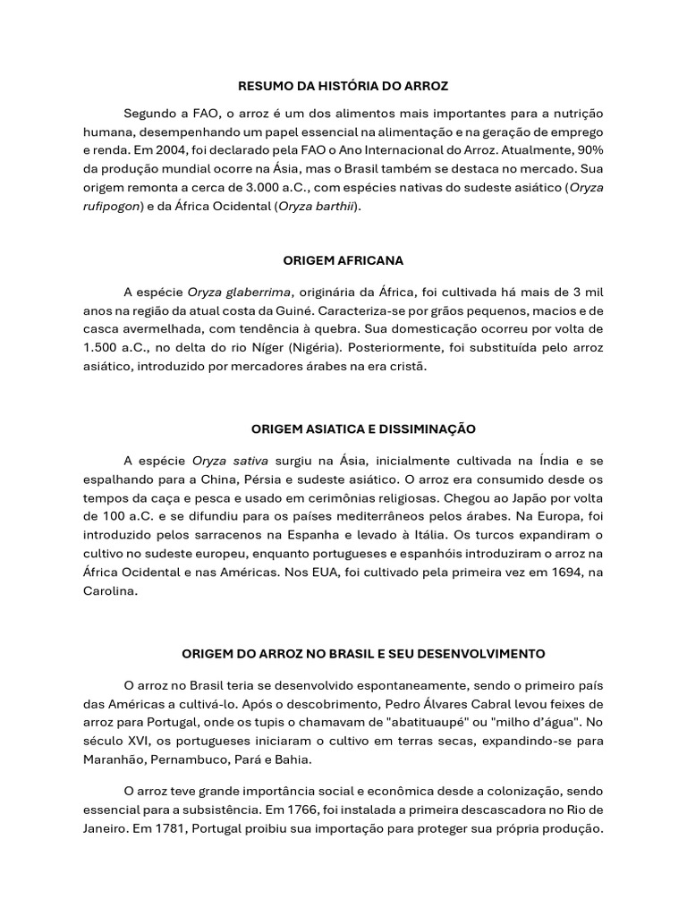Resumo Da Hist. Arroz e Questões | PDF | Arroz | Agricultura