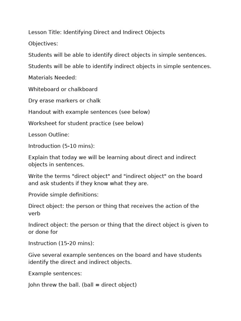 Direct and Indirect Objects Lesson Plan | PDF