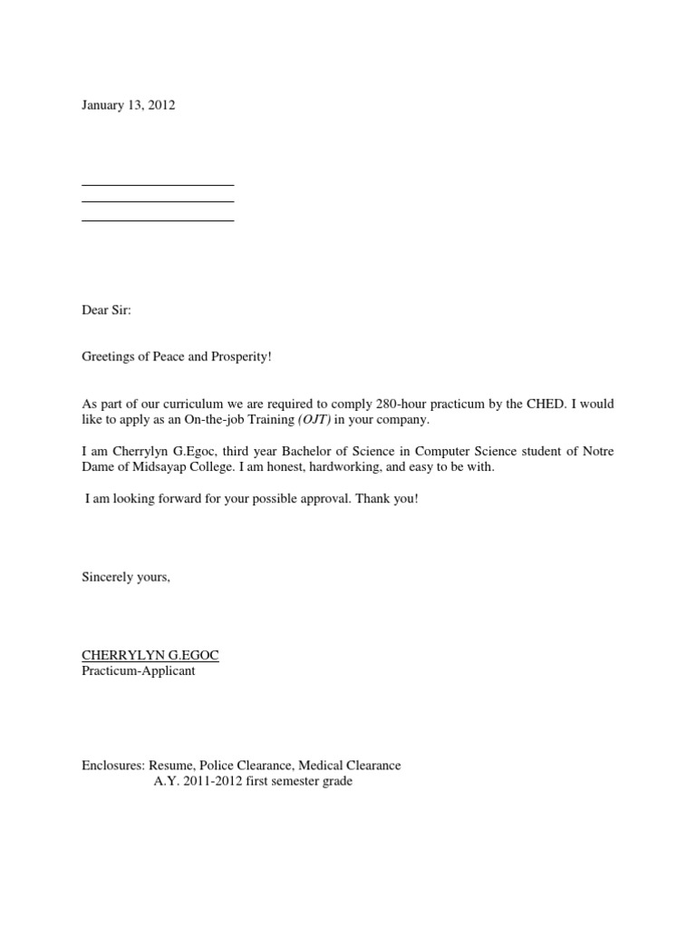 Che Ojt Letter | PDF