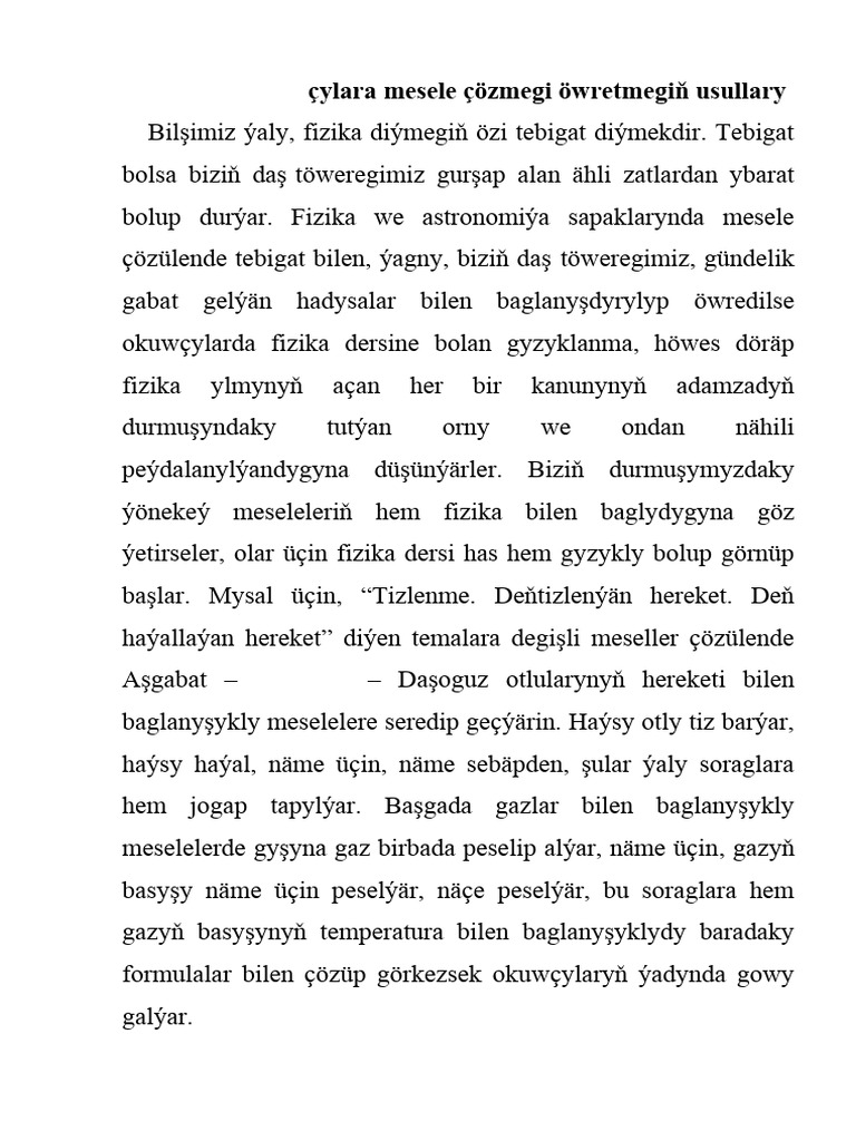 Fizikadan Okuwçylara Mesele Çözmegi Öwretmegiň Usullary | PDF