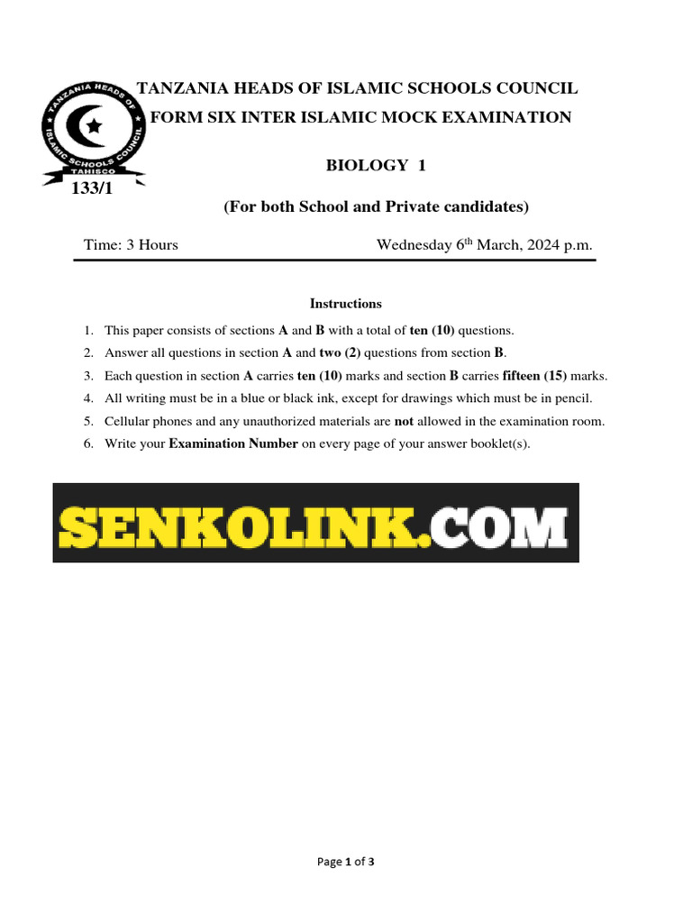 BIOLOGY 1 - Exam N Answers - SENKOLINK - COM-2 | PDF | Cell (Biology) | Cell Biology