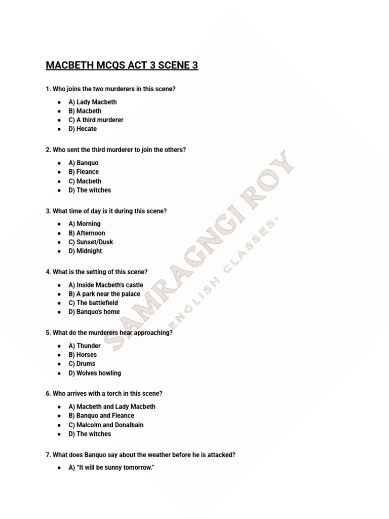 Macbeth MCQS Act 3 Scene 3 | PDF | Macbeth | Shakespearean Tragedies