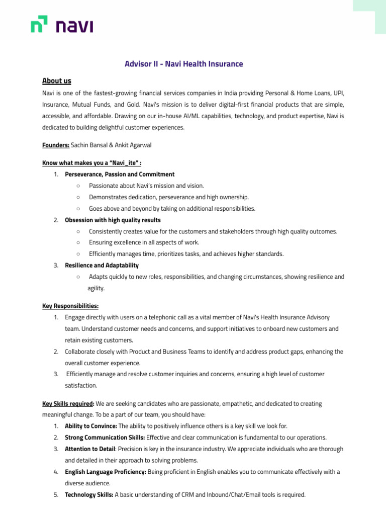 Navi Health Insurance Advisor Role | PDF | Psychological Resilience ...
