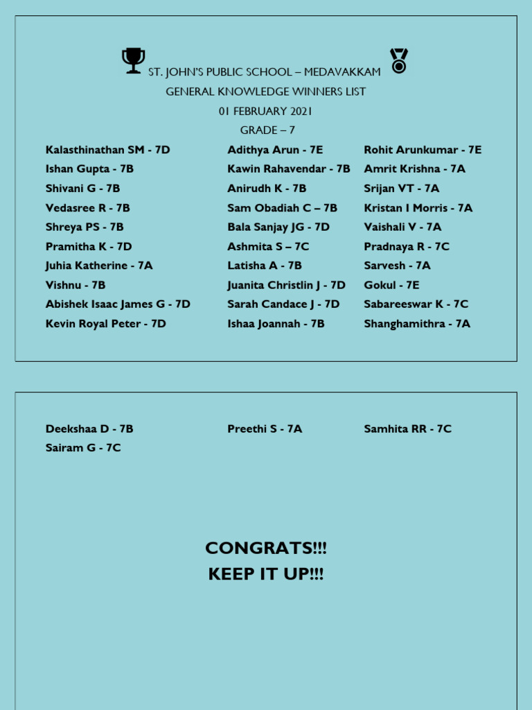 Grade 7 General Knowledge Winners | PDF