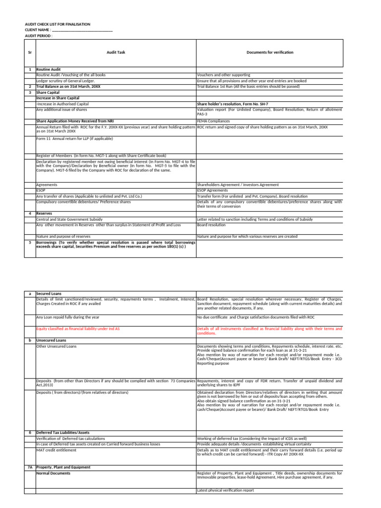 Finalisation Checklist Ind As and Non Ind As Client Requirement | PDF ...