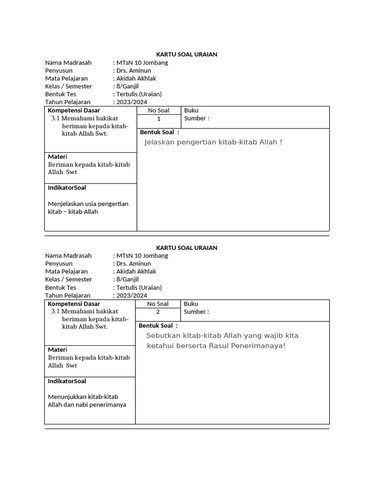 03. KARTU SOAL URAIAN | PDF