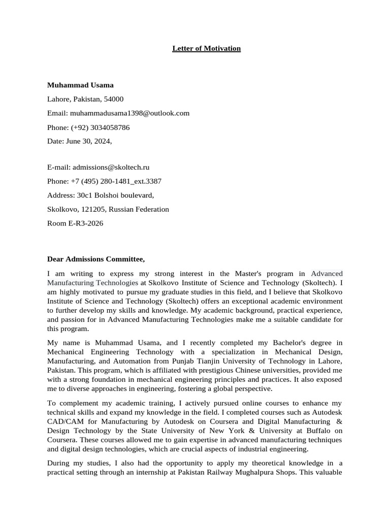 Skoltech Master's Motivation Letter | PDF | Engineering | Science ...