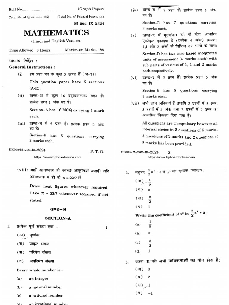 HP Board Class 9 Mathematics M 202 Ix 2324 2024 | PDF