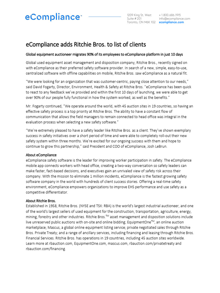 Ecompliance Adds Ritchie Bros To List of Clients | PDF