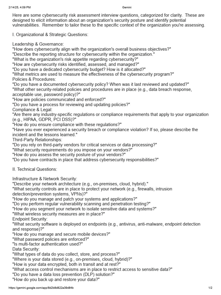 Cybersecurity Risk Assessment Questions | PDF | Security | Computer Security