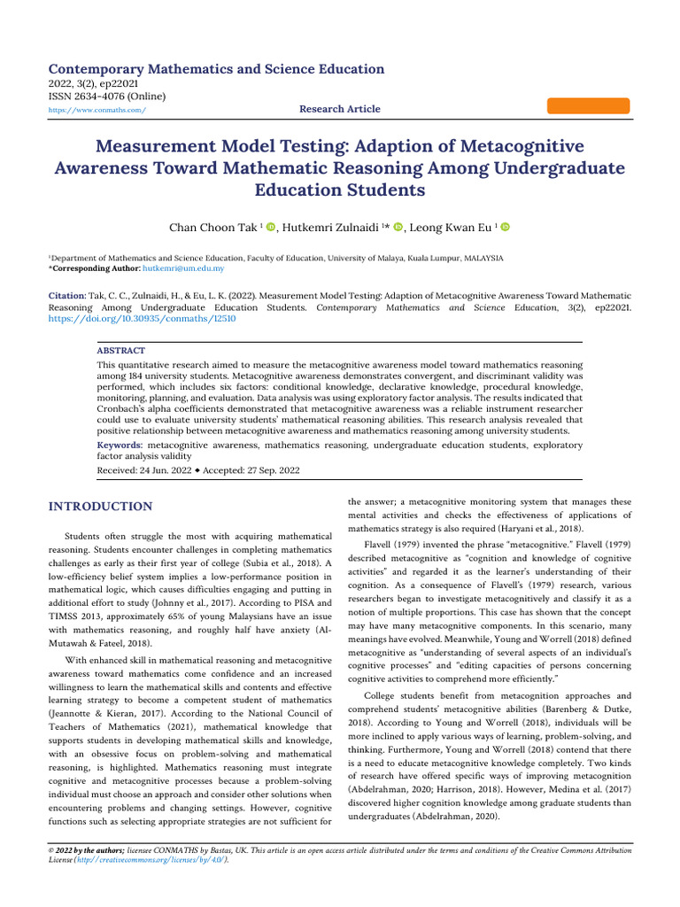 Measurement Model Testing Adaption Of Metacognitive Awareness Toward Mathematic Reasoning Among