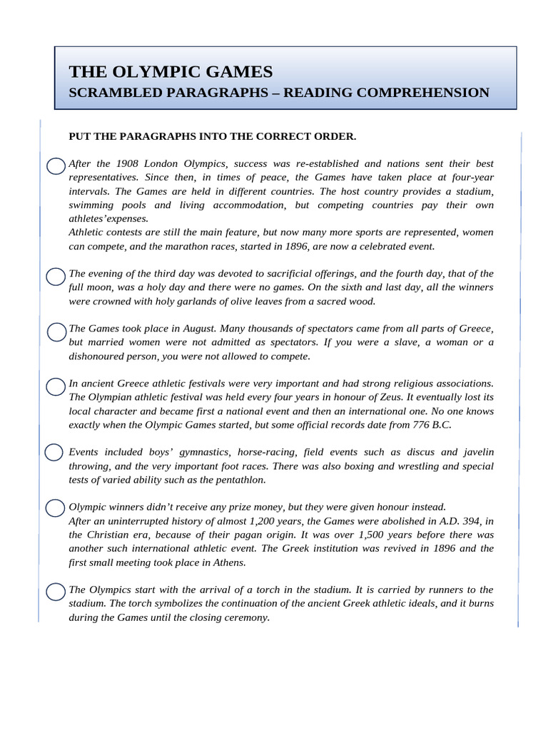 The Olympic Games Reading Comprehension - 150866 | PDF | Olympic Games ...