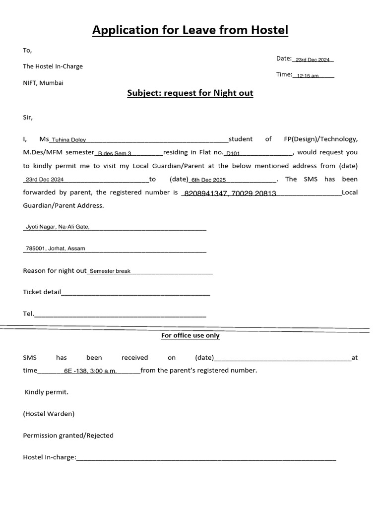 Application For Leave From Hostel | PDF