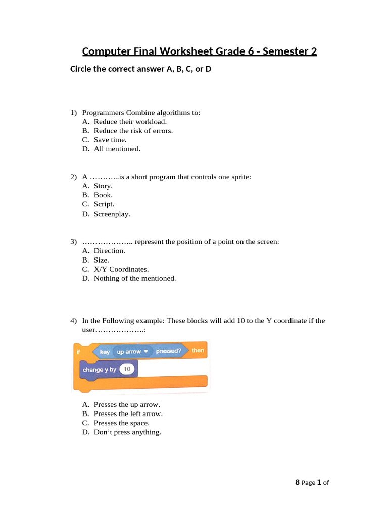 Grade 6 Computer Worksheet | PDF | Control Flow | Scratch (Programming ...