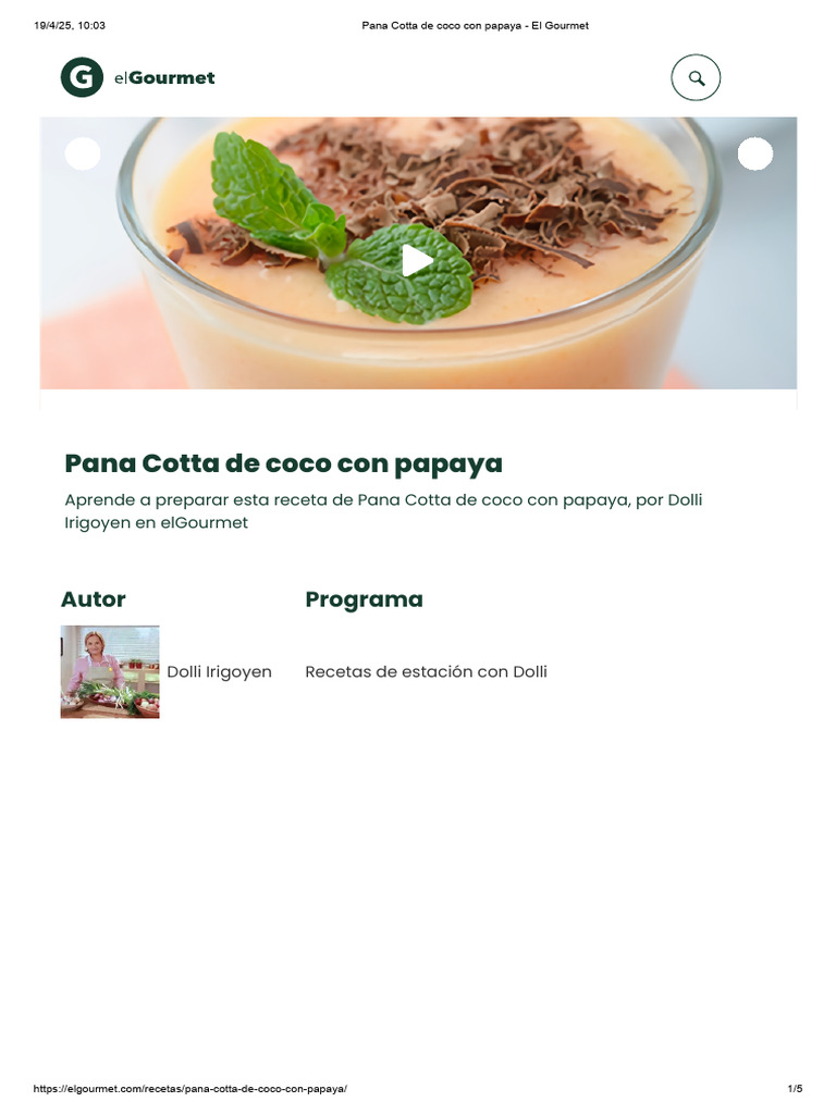 Receta Pana Cotta Coco y Papaya | PDF | Cocinando | Cocina occidental