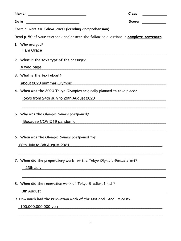 Form 1 Unit 10 Reading Comprehension | PDF | Olympic Games ...
