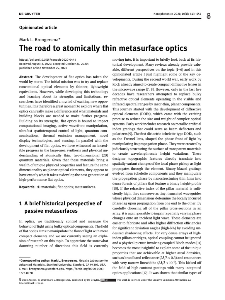 The Road to Atomically Thin Metasurface Optic | PDF | Optics | Light