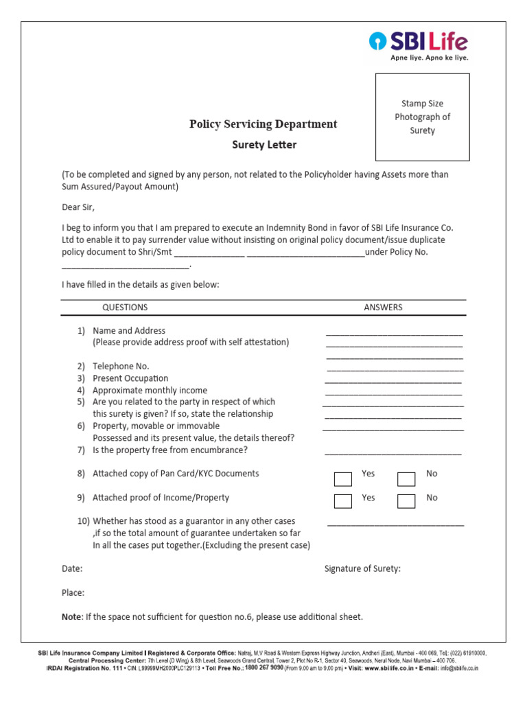 Policy Servicing Surety Letter English | PDF | Surety | Insurance