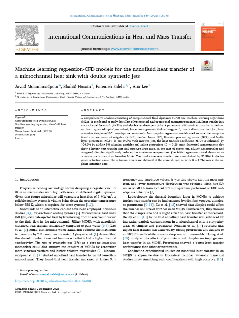Machine Learning Regression CFD Models For The Na - 2022 - International Communi | PDF | Heat ...
