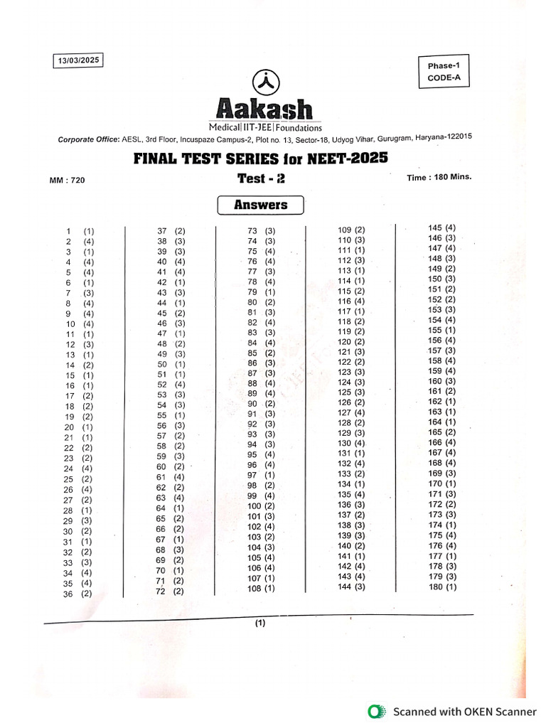 Answer Key FTS Code A ..13 March | PDF