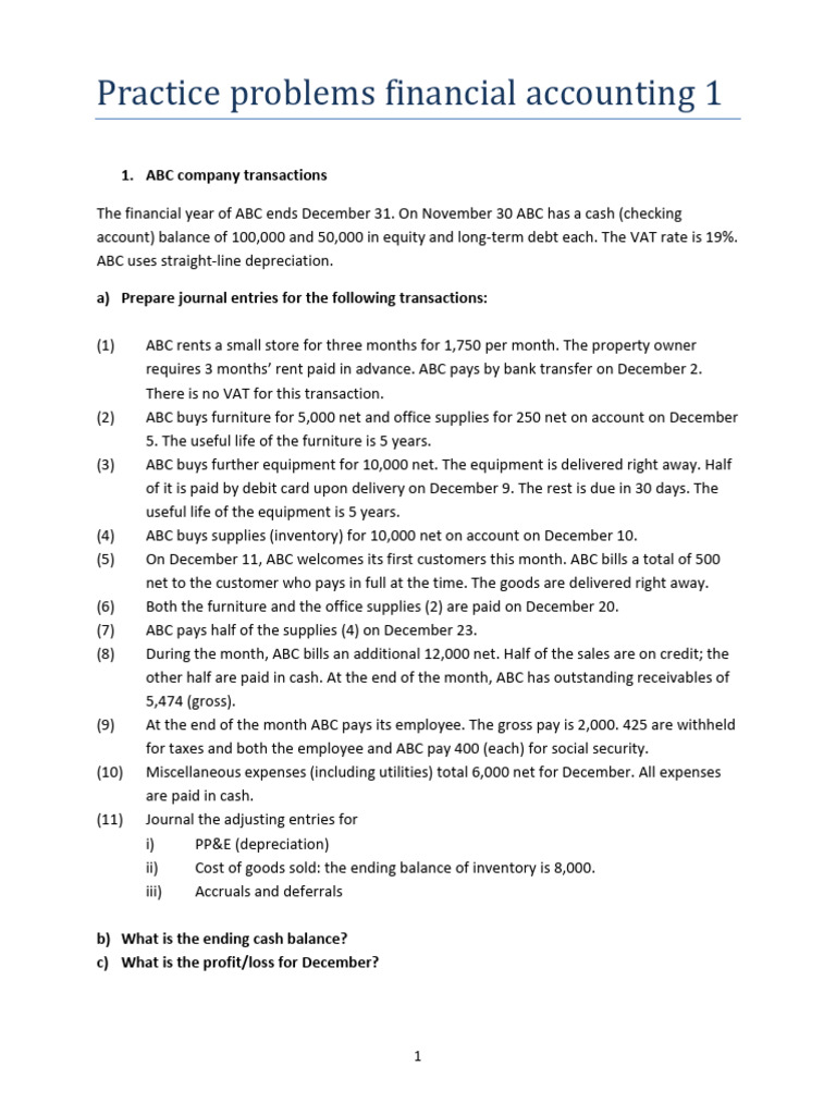 Financial Accounting Practice Problems | PDF | Debits And Credits ...