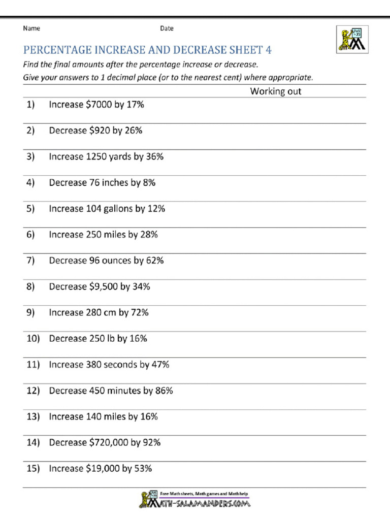 Percentage Increase and Decrease Worksheet 4 | PDF