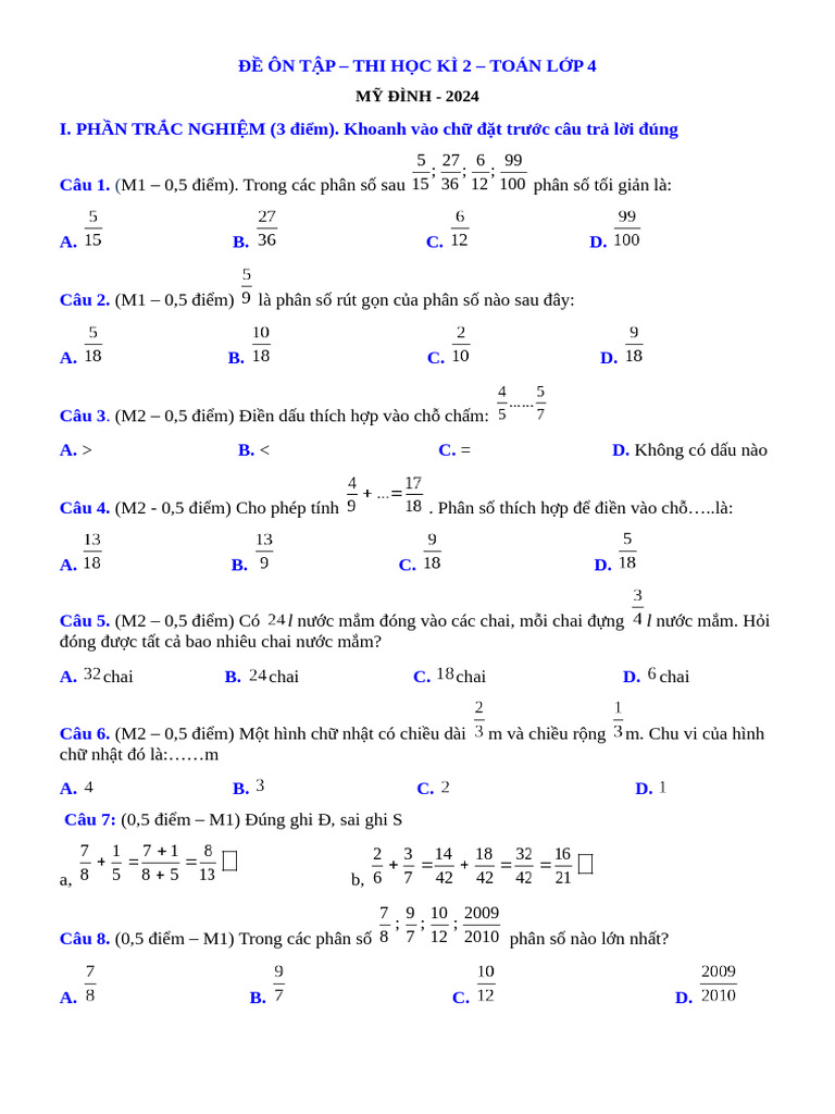 T4-CHK2- ĐỀ SỐ 1 - MỸ ĐÌNH – NV19 – Tổ Tiểu học số 1;2;3 NĂM 20224.docx | PDF
