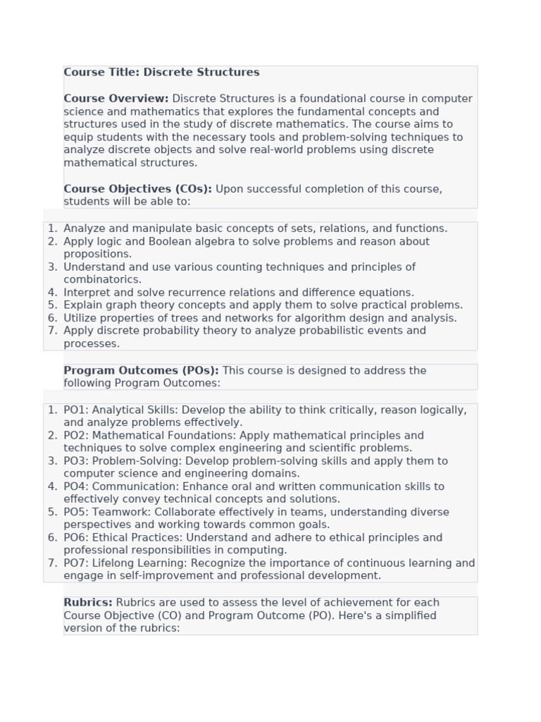 Course Title: Discrete Structures Course Overview | PDF | Discrete Mathematics | Mathematics