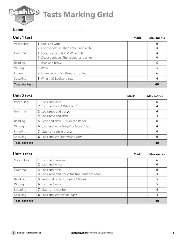 Beehive1 Tests Marking Grid | PDF | Vocabulary | Psycholinguistics