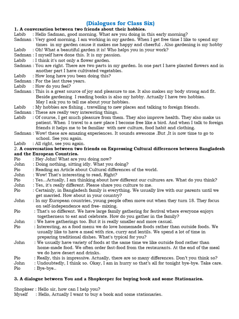 Dialogues For Class Six, 1 | PDF | Hobbies | Foods