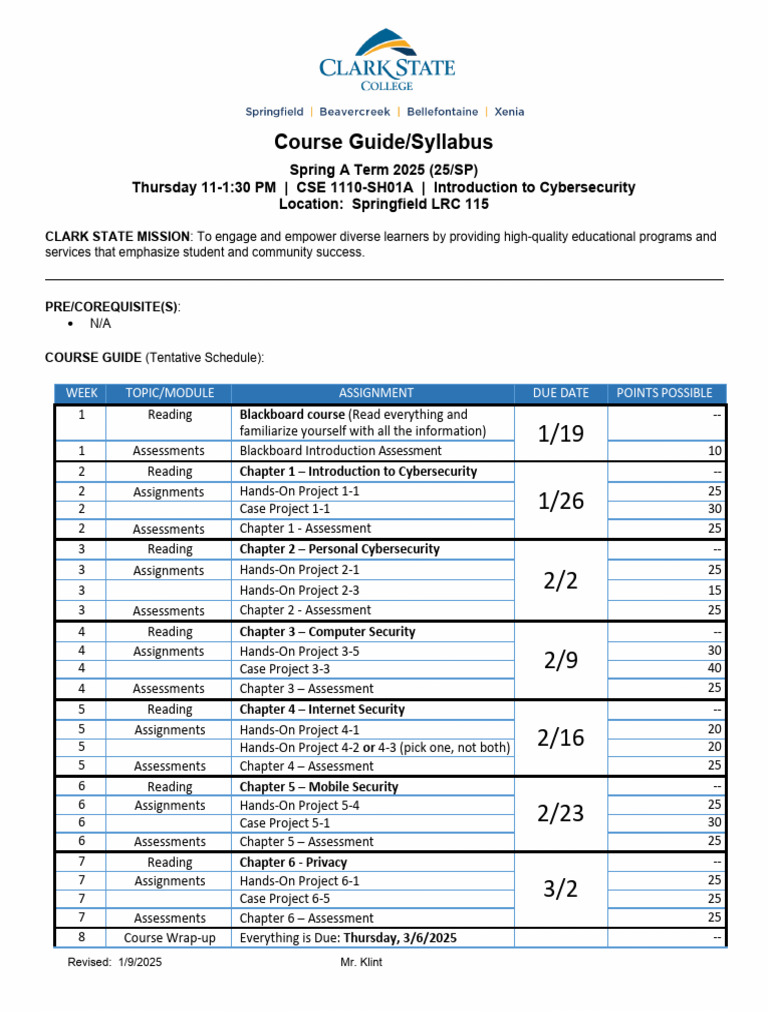 CSE 1110-SH01A Course Guide-Intro To CyberSecurity 25SP | PDF | Academic Integrity | Academic ...