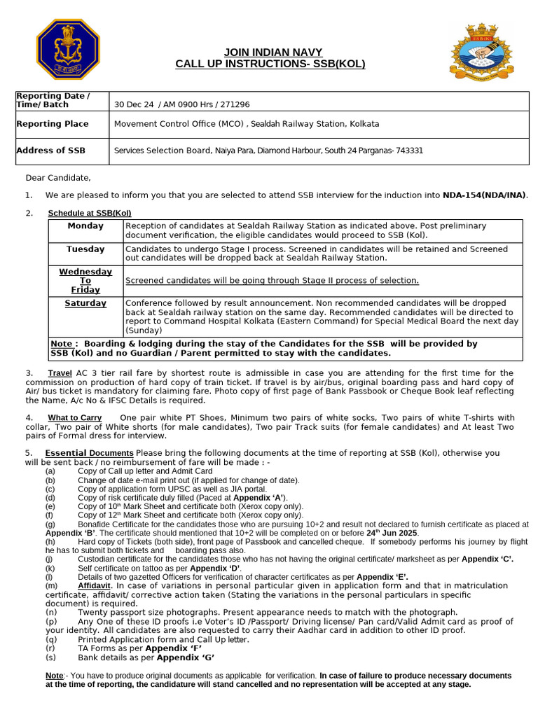 Call Up Letter SSB Kolkata For Nda 30 Dec 2024 154 Course | PDF