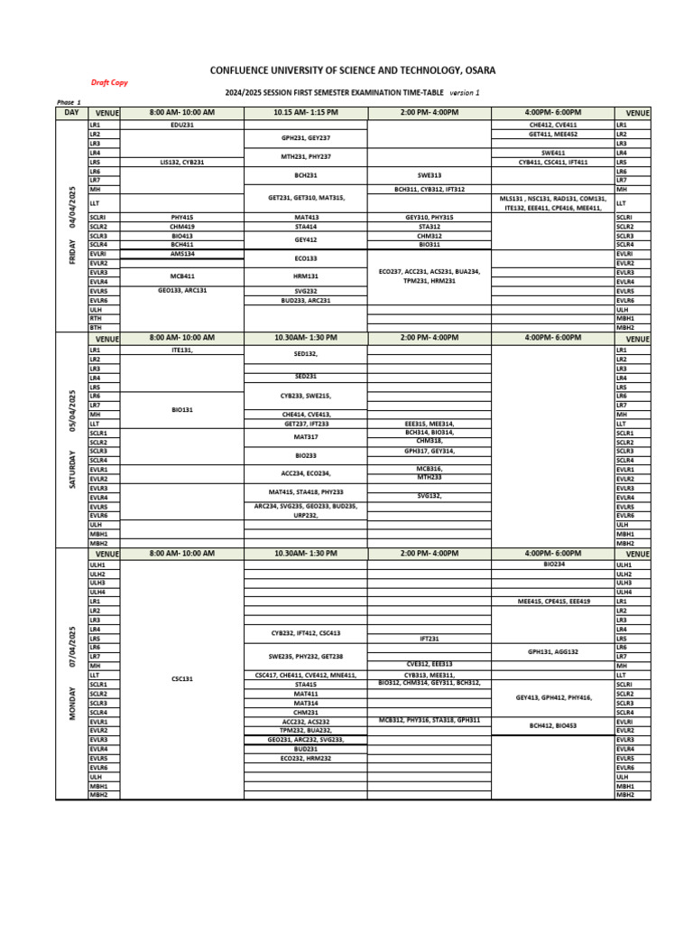 First Semester Exams Time-Table 180325 - 014936 Main1 | PDF