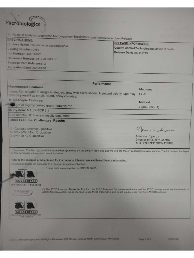 ATCC Cultures CoA | PDF