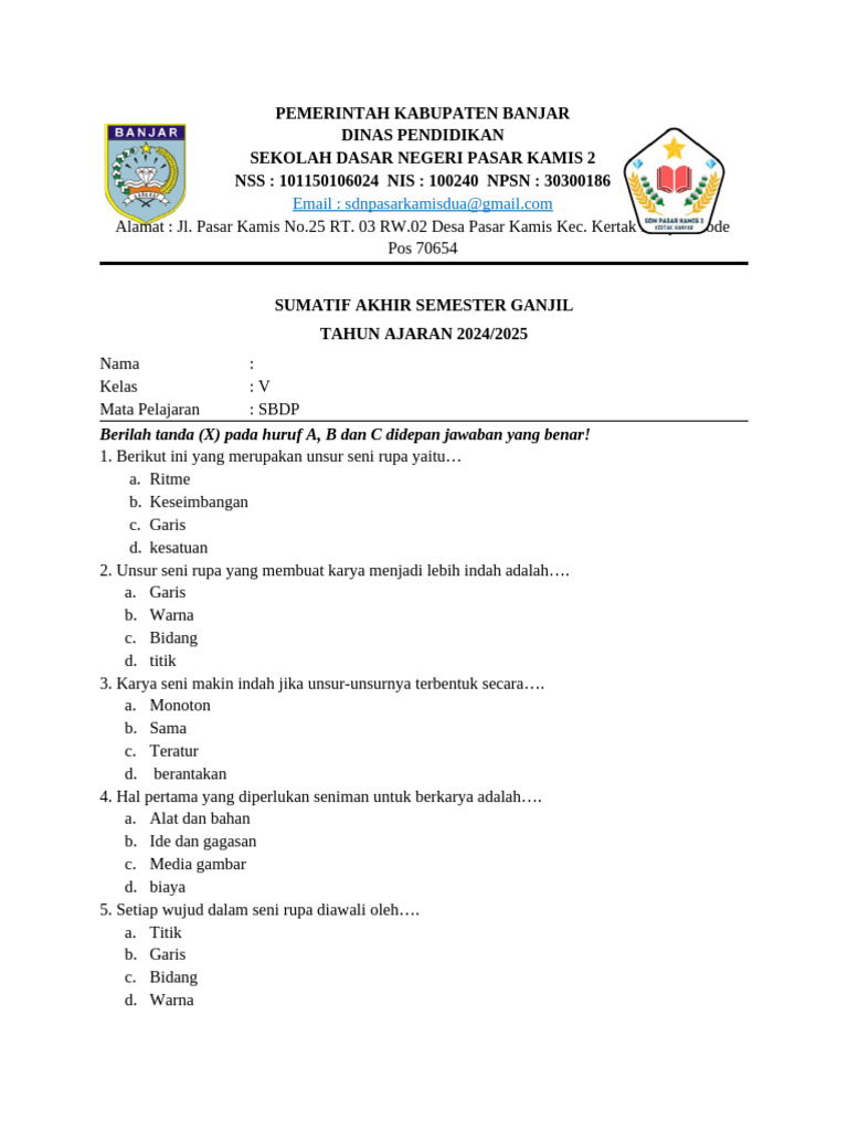 SOAL SBDP KLS 5 | PDF