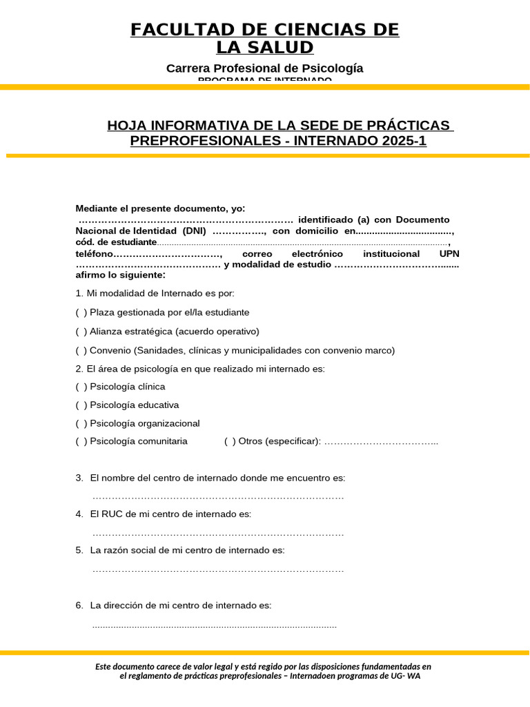 Hoja Informativa de Internado 2025-1 Psicología Upn - Lno | PDF | Sicología