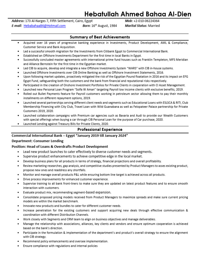 Hebatullah Bahaa CV. 2024 | PDF | Pricing | Banks