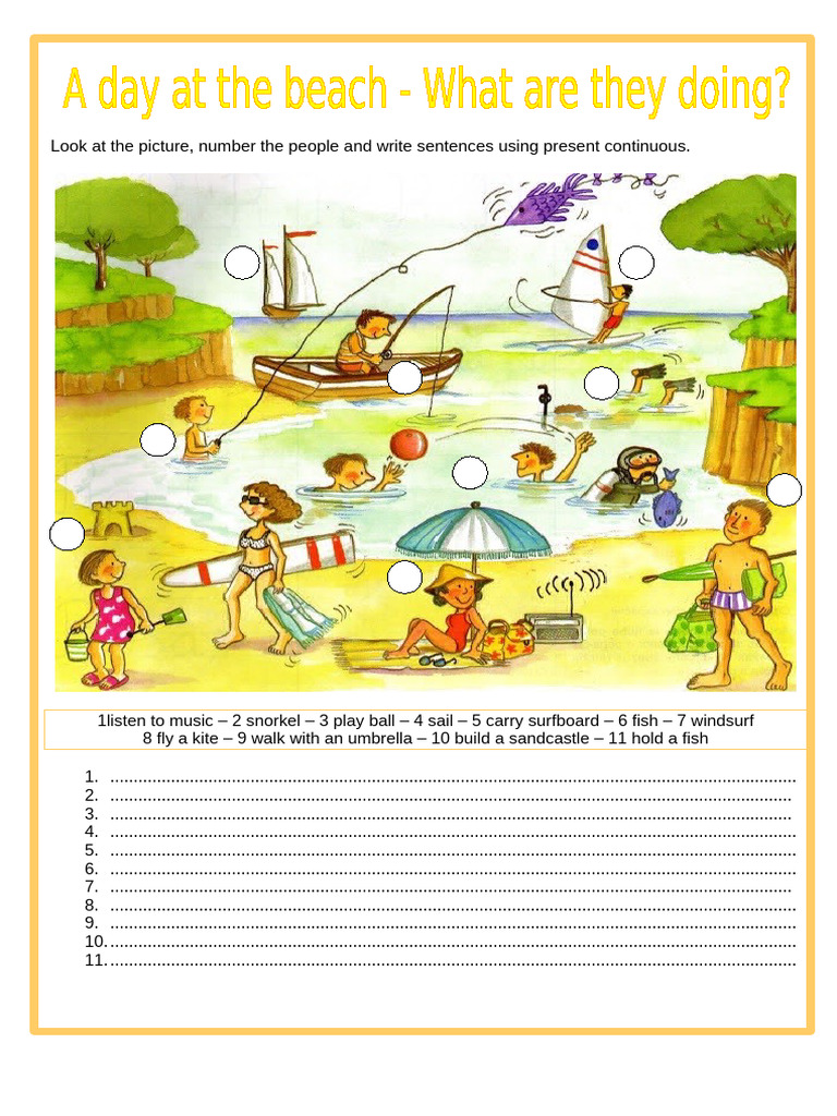 A Day at The Beach What Are They Doing Grammar Drills Oneonone ...